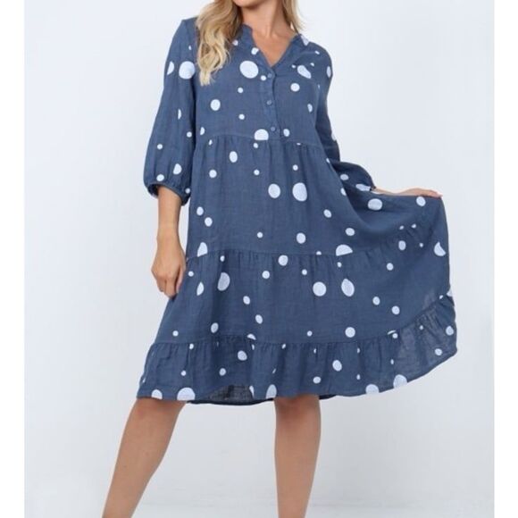 Dresses | Bottega Moda Made In Italy Blue Linen Polka Dot Dress Sleeve ...